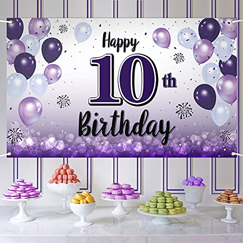 LASKYER Happy 10th Birthday Purple Large Banner - Cheers to Ten Years Old Birthday Home Wall Photoprop Backdrop,10th Birthday Party Decorations.