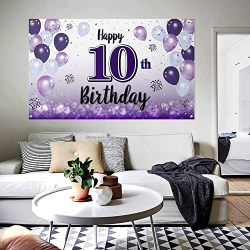 LASKYER Happy 10th Birthday Purple Large Banner - Cheers to Ten Years Old Birthday Home Wall Photoprop Backdrop,10th Birthday Party Decorations.