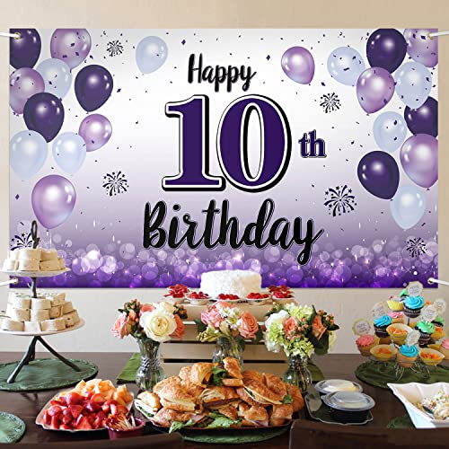 LASKYER Happy 10th Birthday Purple Large Banner - Cheers to Ten Years Old Birthday Home Wall Photoprop Backdrop,10th Birthday Party Decorations.