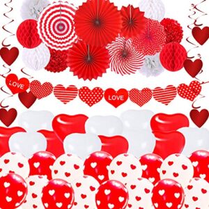 doumeny 49pcs valentines day party decorations kit with valentine’s paper fans, heart garland banner, paper pompoms, heart balloons, hanging heart swirls for wedding valentine anniversary party