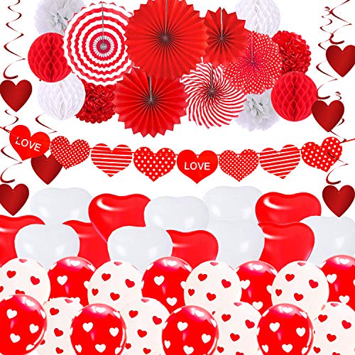 Doumeny 49PCS Valentines Day Party Decorations Kit with Valentine's Paper Fans, Heart Garland Banner, Paper Pompoms, Heart Balloons, Hanging Heart Swirls for Wedding Valentine Anniversary Party