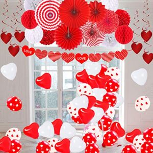 Doumeny 49PCS Valentines Day Party Decorations Kit with Valentine's Paper Fans, Heart Garland Banner, Paper Pompoms, Heart Balloons, Hanging Heart Swirls for Wedding Valentine Anniversary Party