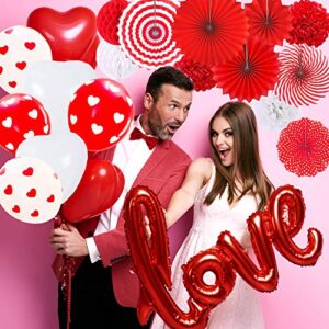 Doumeny 49PCS Valentines Day Party Decorations Kit with Valentine's Paper Fans, Heart Garland Banner, Paper Pompoms, Heart Balloons, Hanging Heart Swirls for Wedding Valentine Anniversary Party