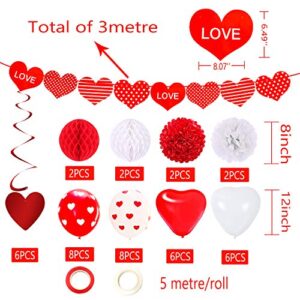 Doumeny 49PCS Valentines Day Party Decorations Kit with Valentine's Paper Fans, Heart Garland Banner, Paper Pompoms, Heart Balloons, Hanging Heart Swirls for Wedding Valentine Anniversary Party