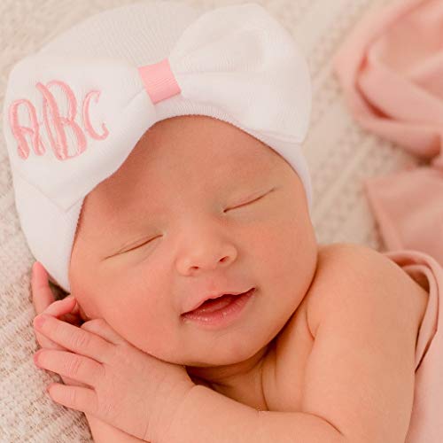 Melondipity Personalized Baby Hospital Hat - Warm Beanie Cap for Infants, Newborn, Girls - Customized Head Wrap with Bow - Custom Name Keepsake Hat for Baby Shower, Birthday, First Visit Gift (White)