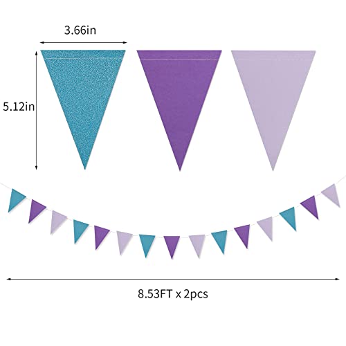 Mermaid Party decorations Pennant Banner - 2 Pack Glitter Purple Blue Under The Sea Paper Triangle Flags Garland, Little Mermaid Theme Girls Birthday Wedding Baby Shower Party Bunting Panduola