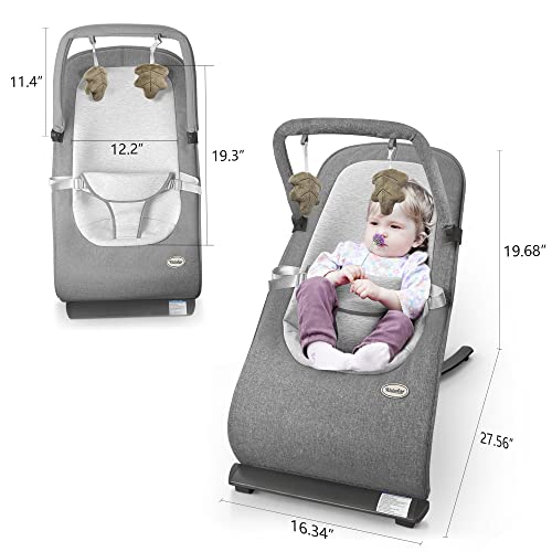 Baby Bouncer, Portable Bouncer Portable Rocker Chair for Babies, Baby Bouncer 3-Point Harness for Newborn Babies (Dark Grey)