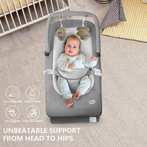 Baby Bouncer, Portable Bouncer Portable Rocker Chair for Babies, Baby Bouncer 3-Point Harness for Newborn Babies (Dark Grey)