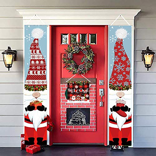 Merry Christmas Hanging Banner Porch Sign with Pattern Santa Claus Christmas Tree Snow Cap Gift Banner for Home Yard Indoor Outdoor Wall Door Christmas Party Decorations 72"x12"