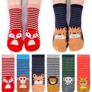 Kids Girls Boys Warm Wool Socks Super Soft Winter Thick Cute Animal Childrens Toddler Thermal Casual Crew Socks (6 Pairs Stripe Animal, 1-3 Years)