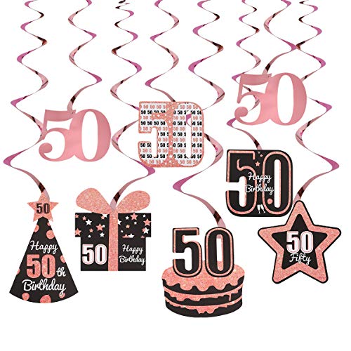 Excelloon Rose Gold 50th Birthday Decorations for Women - 8Pcs Foil 50th Hanging Swirls - Happy 50 Birthday Cake Hat Gifts Star Party Decorations Supplies