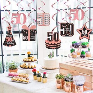 Excelloon Rose Gold 50th Birthday Decorations for Women - 8Pcs Foil 50th Hanging Swirls - Happy 50 Birthday Cake Hat Gifts Star Party Decorations Supplies