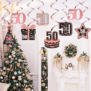 Excelloon Rose Gold 50th Birthday Decorations for Women - 8Pcs Foil 50th Hanging Swirls - Happy 50 Birthday Cake Hat Gifts Star Party Decorations Supplies