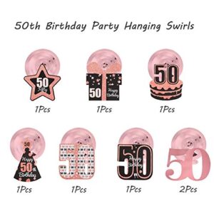 Excelloon Rose Gold 50th Birthday Decorations for Women - 8Pcs Foil 50th Hanging Swirls - Happy 50 Birthday Cake Hat Gifts Star Party Decorations Supplies