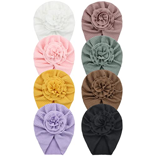 Cinaci 8 Pack Solid Striped Nursery Hospital Turban Hats with Flower Floral Caps Beanies Bonnets for Baby Girls Toddlers Infants