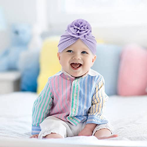 Cinaci 8 Pack Solid Striped Nursery Hospital Turban Hats with Flower Floral Caps Beanies Bonnets for Baby Girls Toddlers Infants