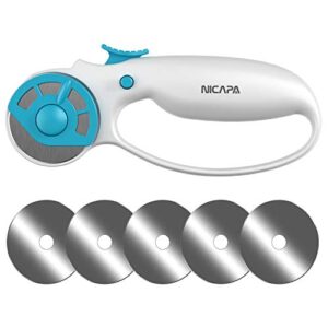 nicapa 45mm rotary cutter for fabric with safety lock ergonomic classic comfort loop rotary cutter for crafting sewing quilting (extra 5pcs 45mm replacement blades included)