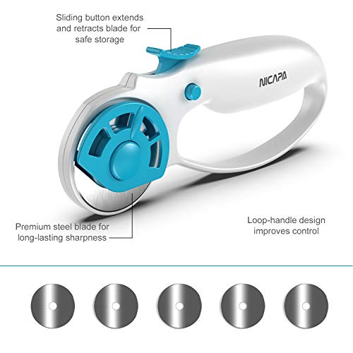 NICAPA 45mm Rotary Cutter for Fabric with Safety Lock Ergonomic Classic Comfort Loop Rotary Cutter for Crafting Sewing Quilting (Extra 5pcs 45mm Replacement Blades Included)