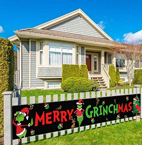 Huras Large Merry Grinchmas Sign Banner Grinch Theme Christmas Banner Christmas Party Supplies Decorations Black Xmas Holiday New Year Party Supplies Christmas Yard Sign Banner - 9.8 X 1.6 FT