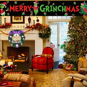 Huras Large Merry Grinchmas Sign Banner Grinch Theme Christmas Banner Christmas Party Supplies Decorations Black Xmas Holiday New Year Party Supplies Christmas Yard Sign Banner - 9.8 X 1.6 FT