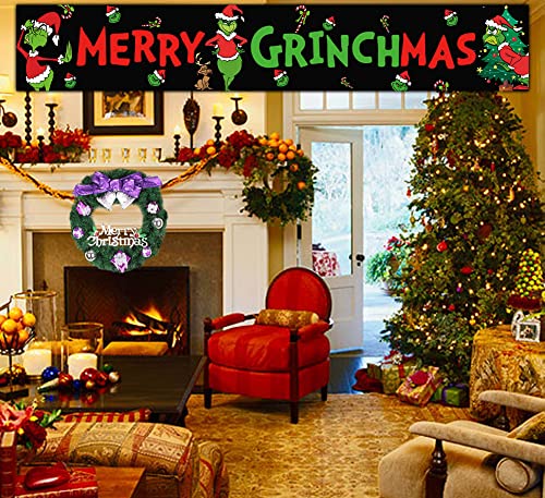 Huras Large Merry Grinchmas Sign Banner Grinch Theme Christmas Banner Christmas Party Supplies Decorations Black Xmas Holiday New Year Party Supplies Christmas Yard Sign Banner - 9.8 X 1.6 FT