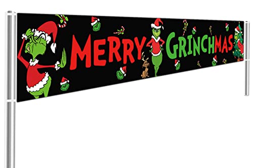 Huras Large Merry Grinchmas Sign Banner Grinch Theme Christmas Banner Christmas Party Supplies Decorations Black Xmas Holiday New Year Party Supplies Christmas Yard Sign Banner - 9.8 X 1.6 FT