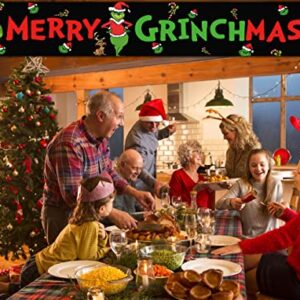 Huras Large Merry Grinchmas Sign Banner Grinch Theme Christmas Banner Christmas Party Supplies Decorations Black Xmas Holiday New Year Party Supplies Christmas Yard Sign Banner - 9.8 X 1.6 FT