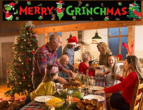 Huras Large Merry Grinchmas Sign Banner Grinch Theme Christmas Banner Christmas Party Supplies Decorations Black Xmas Holiday New Year Party Supplies Christmas Yard Sign Banner - 9.8 X 1.6 FT