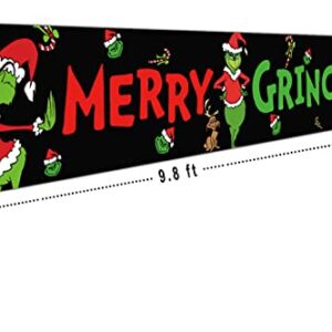 Huras Large Merry Grinchmas Sign Banner Grinch Theme Christmas Banner Christmas Party Supplies Decorations Black Xmas Holiday New Year Party Supplies Christmas Yard Sign Banner - 9.8 X 1.6 FT