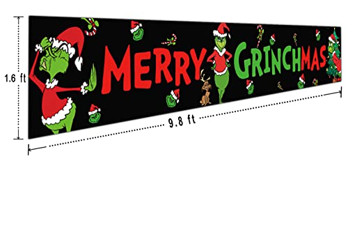 Huras Large Merry Grinchmas Sign Banner Grinch Theme Christmas Banner Christmas Party Supplies Decorations Black Xmas Holiday New Year Party Supplies Christmas Yard Sign Banner - 9.8 X 1.6 FT