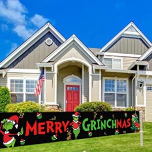 Huras Large Merry Grinchmas Sign Banner Grinch Theme Christmas Banner Christmas Party Supplies Decorations Black Xmas Holiday New Year Party Supplies Christmas Yard Sign Banner - 9.8 X 1.6 FT