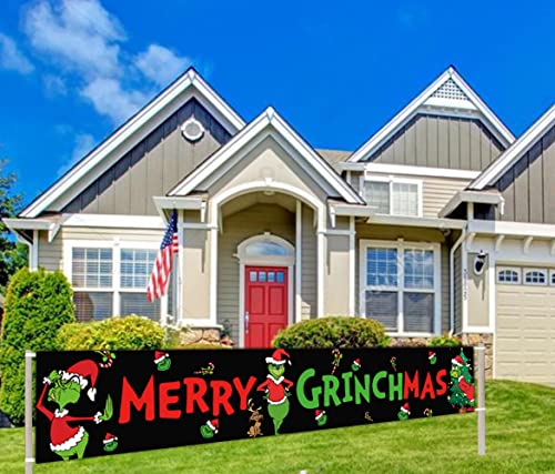 Huras Large Merry Grinchmas Sign Banner Grinch Theme Christmas Banner Christmas Party Supplies Decorations Black Xmas Holiday New Year Party Supplies Christmas Yard Sign Banner - 9.8 X 1.6 FT