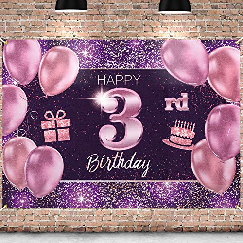 PAKBOOM Happy 3rd Birthday Banner Backdrop - 3 Birthday Party Decoration Supplies for Girl - Pink Purple Gold 4 x 6ft