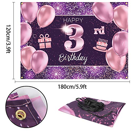 PAKBOOM Happy 3rd Birthday Banner Backdrop - 3 Birthday Party Decoration Supplies for Girl - Pink Purple Gold 4 x 6ft