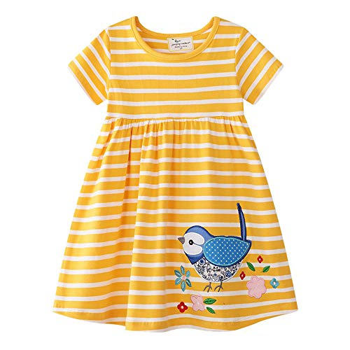 Summer Baby Girl Cotton Short Sleeve Stripe Lattice Dress Short Skirt (4T Height?100cm) Yellow