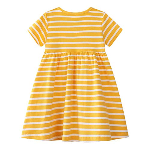 Summer Baby Girl Cotton Short Sleeve Stripe Lattice Dress Short Skirt (4T Height?100cm) Yellow