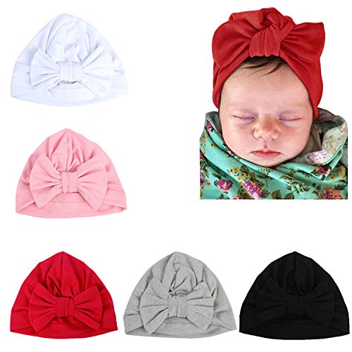 LERTREE 5 Pack Baby Solid Knot Hats Baby Girls Toddler Turban Bow Cap Infant Head Cap