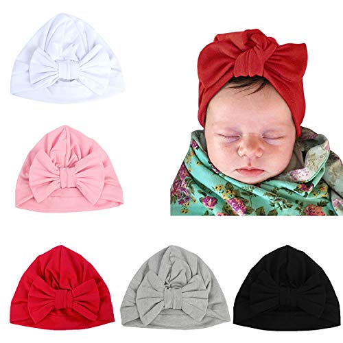 LERTREE 5 Pack Baby Solid Knot Hats Baby Girls Toddler Turban Bow Cap Infant Head Cap