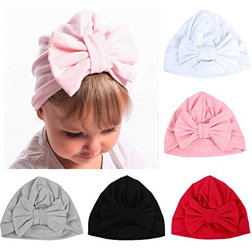 LERTREE 5 Pack Baby Solid Knot Hats Baby Girls Toddler Turban Bow Cap Infant Head Cap