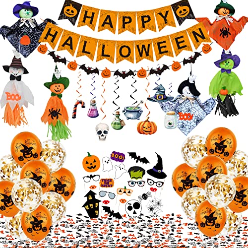 NAIWOXI Halloween Decorations for Kids or Adults - Halloween Hanging Ghost, Pumpkin Skeletons Swirls Hanging, Banner, Garland, Scary Photo Booth Props, Balloons, Confetti, 68 PCS Cute Halloween Party Decorations for Indoor outdoor