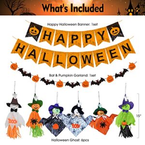 NAIWOXI Halloween Decorations for Kids or Adults - Halloween Hanging Ghost, Pumpkin Skeletons Swirls Hanging, Banner, Garland, Scary Photo Booth Props, Balloons, Confetti, 68 PCS Cute Halloween Party Decorations for Indoor outdoor