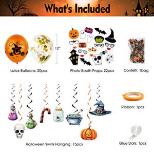 NAIWOXI Halloween Decorations for Kids or Adults - Halloween Hanging Ghost, Pumpkin Skeletons Swirls Hanging, Banner, Garland, Scary Photo Booth Props, Balloons, Confetti, 68 PCS Cute Halloween Party Decorations for Indoor outdoor