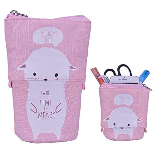 Stand up Pencil Holder Telescopic Pencil Case Transformer Pen Box Cartoon Cute Stationery Pouch Bag Canvas+PU Cosmetics Pouch Stand Store Pen Organizer for Students Boys and Girls (White Sheep)