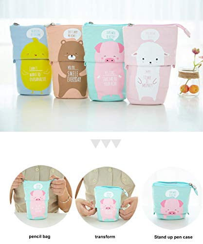 Stand up Pencil Holder Telescopic Pencil Case Transformer Pen Box Cartoon Cute Stationery Pouch Bag Canvas+PU Cosmetics Pouch Stand Store Pen Organizer for Students Boys and Girls (White Sheep)