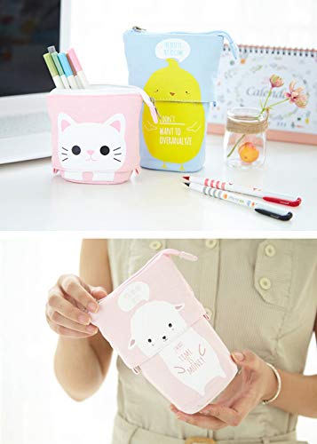 Stand up Pencil Holder Telescopic Pencil Case Transformer Pen Box Cartoon Cute Stationery Pouch Bag Canvas+PU Cosmetics Pouch Stand Store Pen Organizer for Students Boys and Girls (White Sheep)