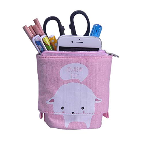 Stand up Pencil Holder Telescopic Pencil Case Transformer Pen Box Cartoon Cute Stationery Pouch Bag Canvas+PU Cosmetics Pouch Stand Store Pen Organizer for Students Boys and Girls (White Sheep)