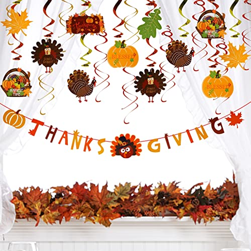 MorTime 31 PCS Thanksgiving Hanging Ceiling Swirl Pendant & Hanging Thanksgiving Banner, Autumn Themed Spiral Turkey Pumpkin Maple Leaves for Thanksgiving Home, School and Party Decorations