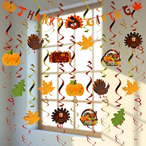 MorTime 31 PCS Thanksgiving Hanging Ceiling Swirl Pendant & Hanging Thanksgiving Banner, Autumn Themed Spiral Turkey Pumpkin Maple Leaves for Thanksgiving Home, School and Party Decorations