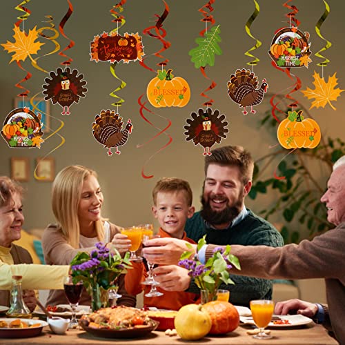 MorTime 31 PCS Thanksgiving Hanging Ceiling Swirl Pendant & Hanging Thanksgiving Banner, Autumn Themed Spiral Turkey Pumpkin Maple Leaves for Thanksgiving Home, School and Party Decorations