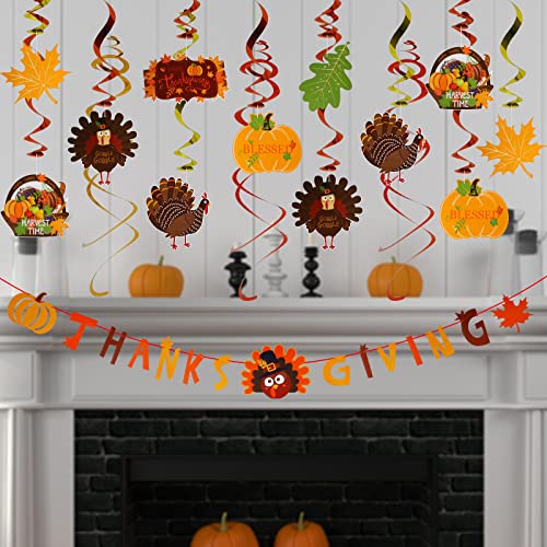 MorTime 31 PCS Thanksgiving Hanging Ceiling Swirl Pendant & Hanging Thanksgiving Banner, Autumn Themed Spiral Turkey Pumpkin Maple Leaves for Thanksgiving Home, School and Party Decorations